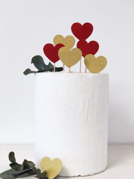 topper, tartas, toppers, corazon, corazones, corazones dorados, purpurina,